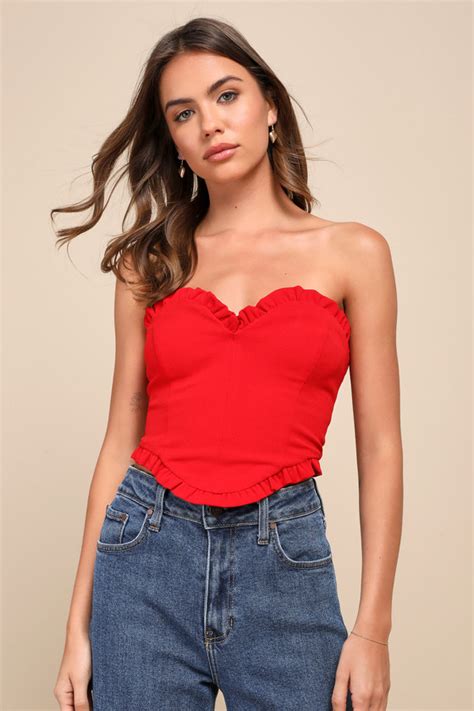Sexy Red Top Lace Up Bustier Top Ruffled Strapless Top Lulus