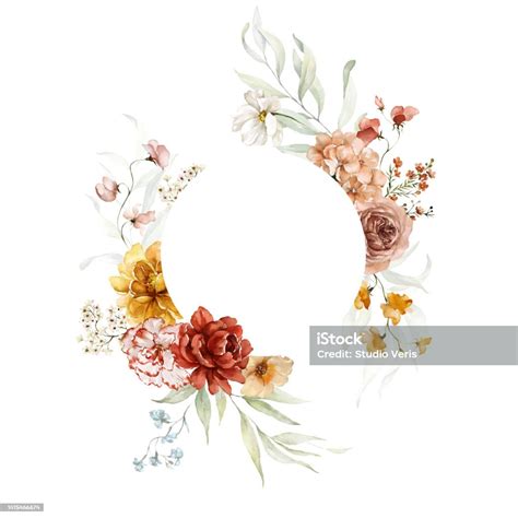 수채화 원형 꽃 프레임 그림 홍당무 핑크 레드 블루 오렌지 부르고뉴 옐로우 그린 잎 가지 화환 프레임 프레임에 대한 스톡 벡터