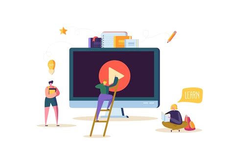 온라인 교육 개념 컴퓨터에서 스트리밍 비디오 코스를 시청하는 평평한 사람들과 함께하는 E 러닝 졸업 대학 대학생 캐릭터 프리미엄 벡터