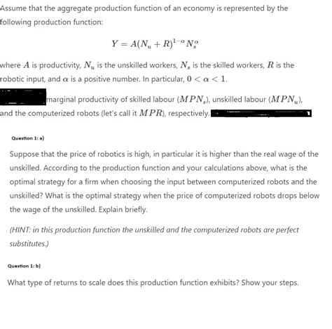 Solved Assume That The Aggregate Production Function Of An Chegg