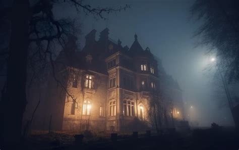 Premium Ai Image Spooky Old Gothic Castle Foggy Night Haunted Mansion
