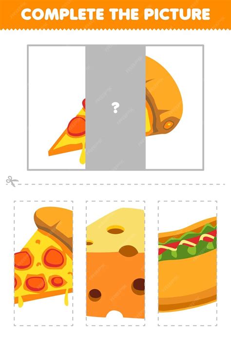 어린이를 위한 교육 게임은 귀여운 만화 피자 인쇄 가능한 음식 워크시트의 올바른 그림을 자르고 완성합니다 프리미엄 벡터