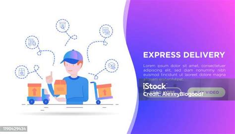 특급 배송 개념 택배 와 택배 얇은 라인 아이콘 소포 트럭 배달 파견 손 트럭 벡터 일러스트레이션 복사 공간이 있는 웹 페이지 템플릿입니다 검색에 대한 스톡 벡터 아트 및