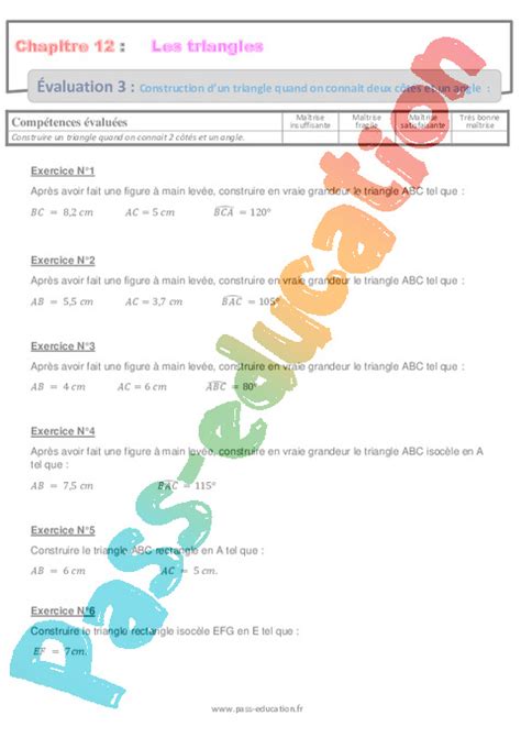 Evaluation Les Triangles 5ème Bilan Et Controle Corrigé Pdf à Imprimer