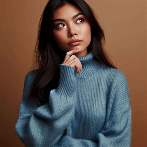 A Woman With Long Hair Wearing A Blue Sweater With A White Hand On Her