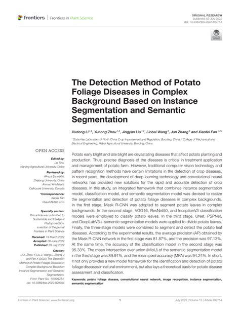 Pdf The Detection Method Of Potato Foliage Diseases In Complex