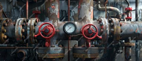 A Network Of Old Rusty Industrial Pipes And Valves Showing A Closeup Of