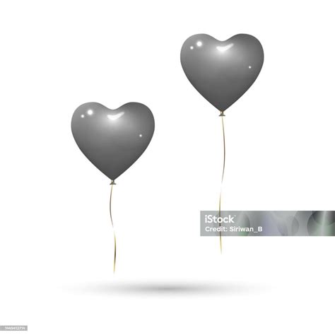 은회색 단색의 심장 풍선과 금색 리본 그림자가 있는 흰색 배경에 격리된 모형 템플릿 개체입니다 현실적인 3d 벡터 그림입니다