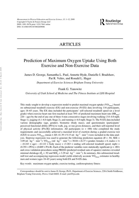 Pdf Prediction Of Maximum Oxygen Uptake Using Both Exercise And Non Exercise Data