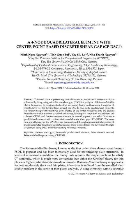 Pdf A 4 Node Quadrilateral Element With Center Point Based Discrete Shear Gap Cp Dsg4