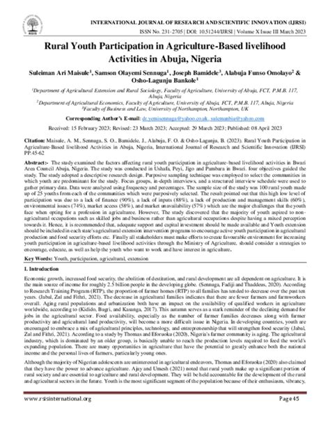 Pdf Rural Youth Participation In Agriculture Based Livelihood