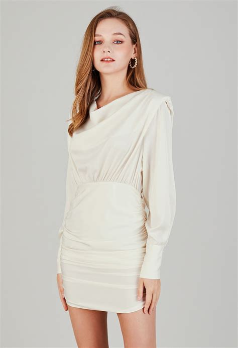 Padded Shoulder Cowl Neck Ruched Satin Dress In Cream Retro Indie