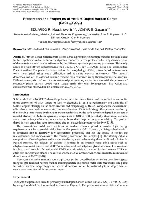 Preparation And Properties Of Yttrium Doped Barium Cerate Bace1 Xyxo3