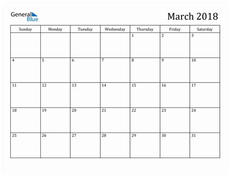 March 2018 Monthly Calendar