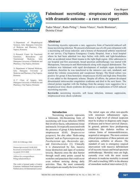 Pdf Fulminant Necrotizing Streptococcal Myositis With Dramatic Outcome A Rare Case Report