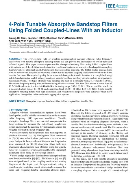 Pdf 4 Pole Tunable Absorptive Bandstop Filters Using Folded Coupled Lines With An Inductor
