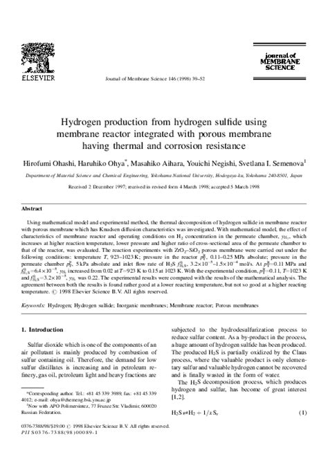 Pdf Hydrogen Production From Hydrogen Sulfide Using Membrane Reactor