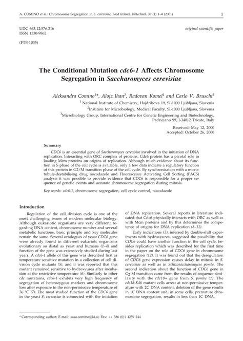 Pdf The Conditional Mutation Cdc6 1 Affects Chromosome Segregation In Saccharomyces Cerevisiae