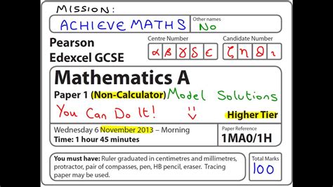 Gcse Maths Edexcel November 2013 1h Higher Non Calculator Complete Paper Youtube