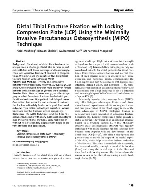 Pdf Distal Tibial Fracture Fixation With Locking Compression Plate Lcp Using The Minimally