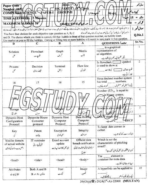 9th Class Computer Science Past Paper 2024 Multan Board Group 2 Objective