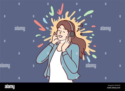 Positive Woman Meloman Listening To Music With Headphones Enjoying