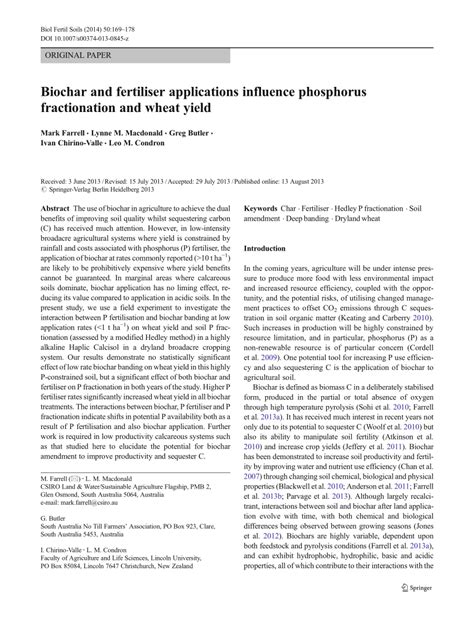 Pdf Biochar And Fertiliser Applications Influence Phosphorus Fractionation And Wheat Yield