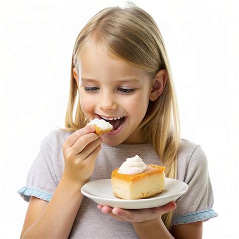 A Girl Having Coconut Custard Confection Cake Premium Ai Generated Image