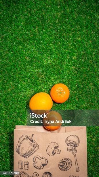 바나나 빨간 사과 다양한 과일과 공예 종이 봉지가 풀밭에 놓여 있다 텍스트를 위한 공간입니다 제로 웨이스트 개념 0명에 대한 스톡 사진 및 기타 이미지 Istock