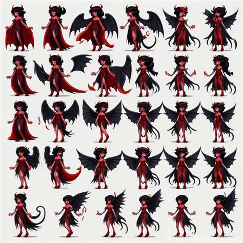 A Detailed 32frame Character Sprite Sheet In A 4x8 Grid Showing A Demon