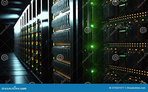 A Row Of Servers In A Dark Room With Green Lights Stock Image Image Of Information Data