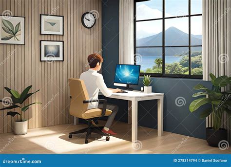 Unique Kawaii Home Computer Setup Comfortable Cute Working Place Stock