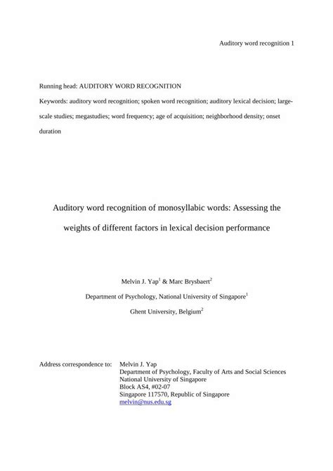 Pdf Auditory Word Recognition Of Monosyllabic Words Assessing Crrugentbepapersyap