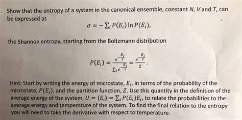 Solved Show That The Entropy Of A System In The Canonical