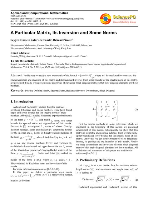 Pdf Applied And Computational Mathematics A Particular Matrix Its Inversion And Some Norms