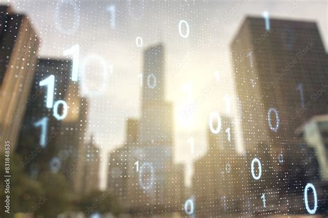 Abstract Virtual Binary Code Hologram On Modern Architecture Background
