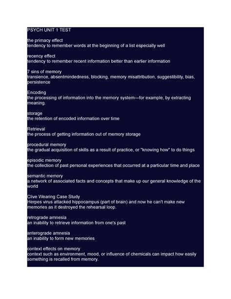 psych unit 1 test notes psych unit 1 test the primacy effect tendency to remember words at the