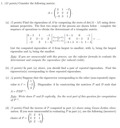 Solved 1 21 Points Consider The Following Matrix A 1