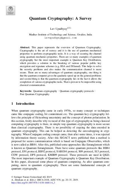 Pdf Quantum Cryptography A Survey