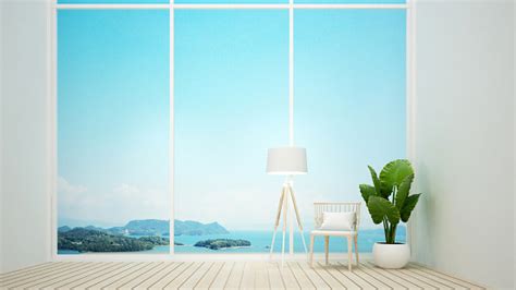 바다 보기와 호텔 또는 리조트여름 시간3d 렌더링에 대 한 간단한 디자인 작품에 밝은 하늘 거실 0명에 대한 스톡 사진 및 기타 이미지 Istock