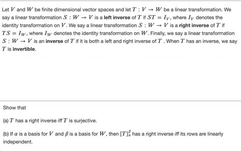 Solved Let V And W Be Finite Dimensional Vector Spaces And