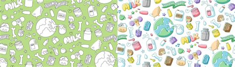 우유 낙서 아이 손 그리기 원활한 패턴 세트 편집 가능한 스트로크 및 마커 수채화 세계 우유의 날 2022 개념 흰색 배경에 고립 된 만화 최소 평면 디자인 일러스트 레이