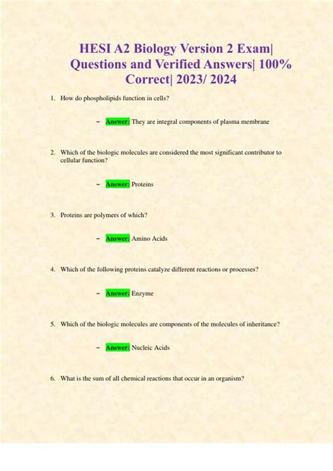 Hesi A2 Biology Version 2 Exam Questions And Verified Answers 100