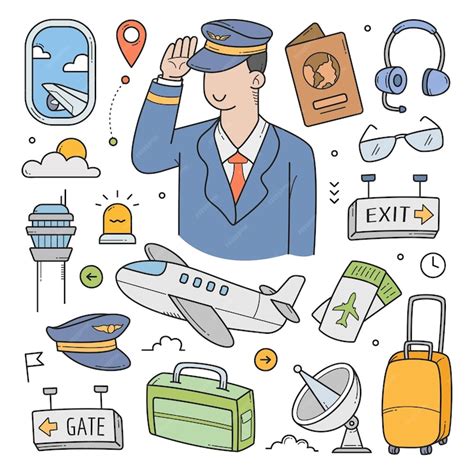 파일럿 및 공항 개체 낙서 손으로 그린 벡터 일러스트 레이 션 프리미엄 벡터