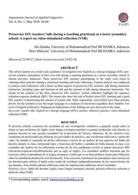 Pdf Preservice Efl Teachers Talk During A Teaching Practicum At A Lower Secondary School A