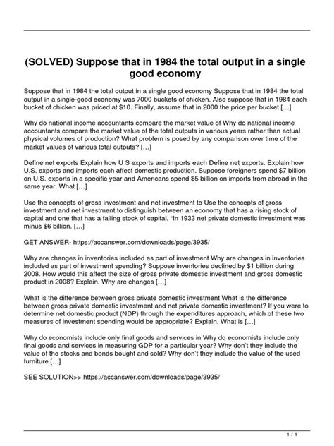 solved suppose that in 1984 the total output in a single good economy