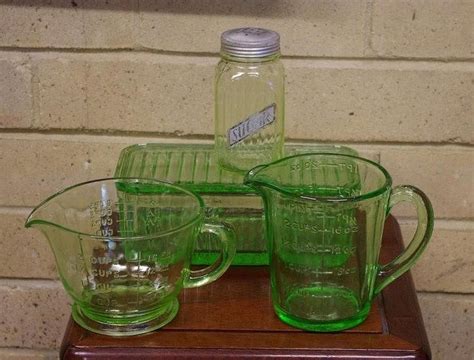 Green Depression Glass Set With Butter Dish And Jugs Depression Glass