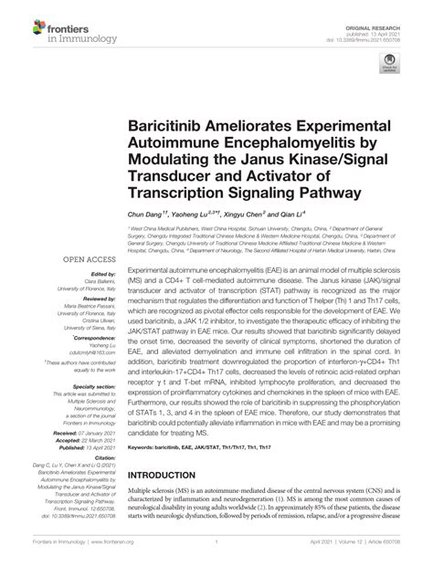 Pdf Baricitinib Ameliorates Experimental Autoimmune Encephalomyelitis