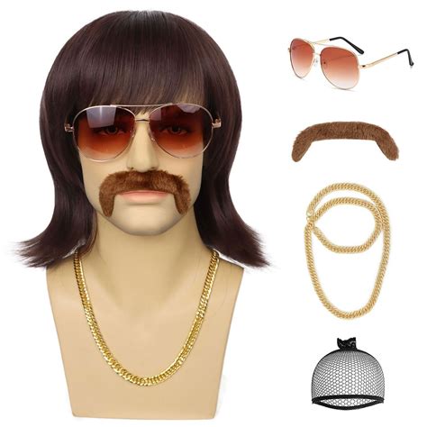 Gandt Wig 70s 80s Disco Wig With Mustache Glasses And Chain