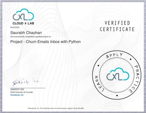 Completion Certificate For Project Churn Emails Inbox With Python Saurabh Chauhan